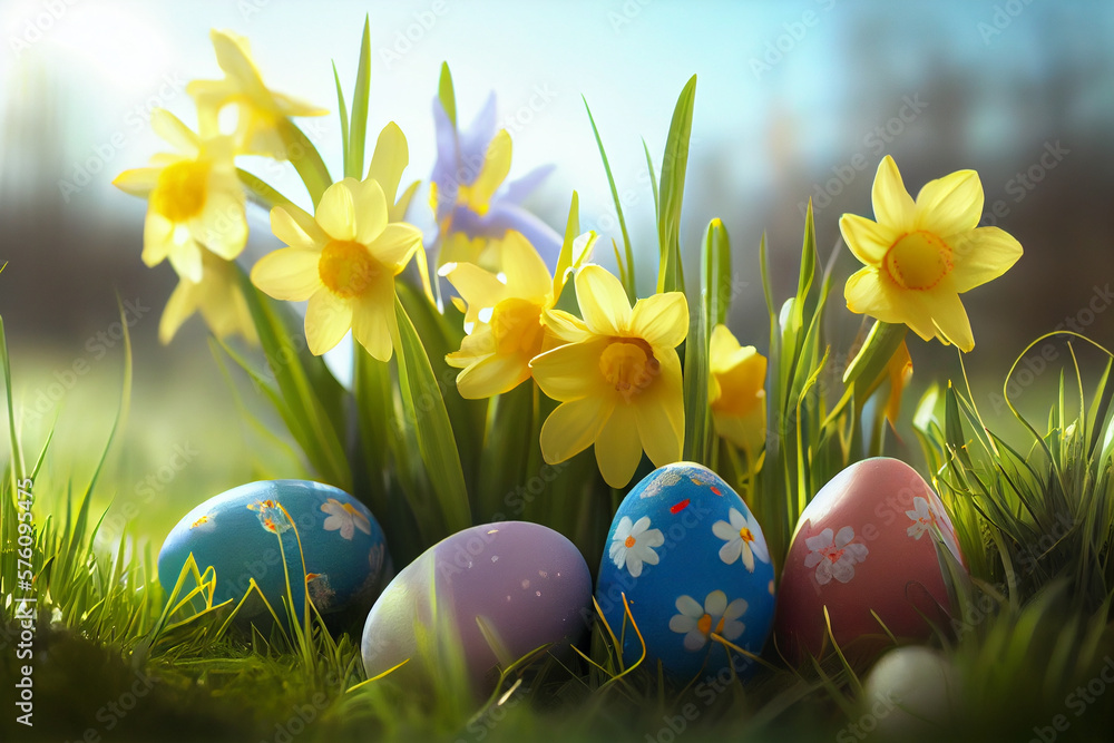 Bunte Ostereier auf einer Wiese mit Narzissen als Oster - Hintergrund ...