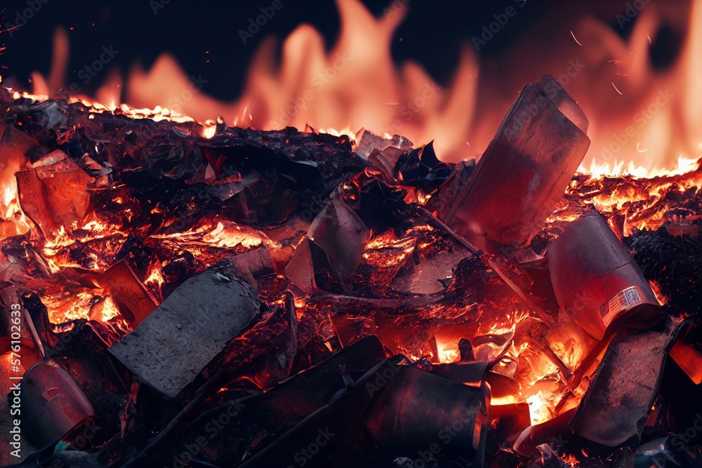 fire on garbage dump with burning piles of trash and waste. Generative ...