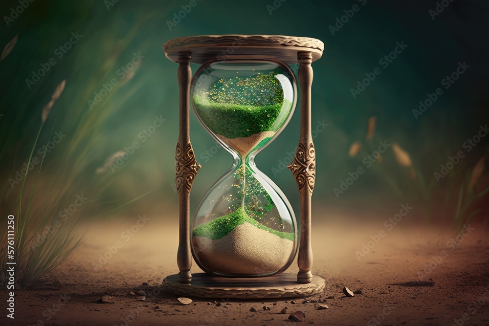 Hourglass in natural green background. Generative AI Stock Illustration ...