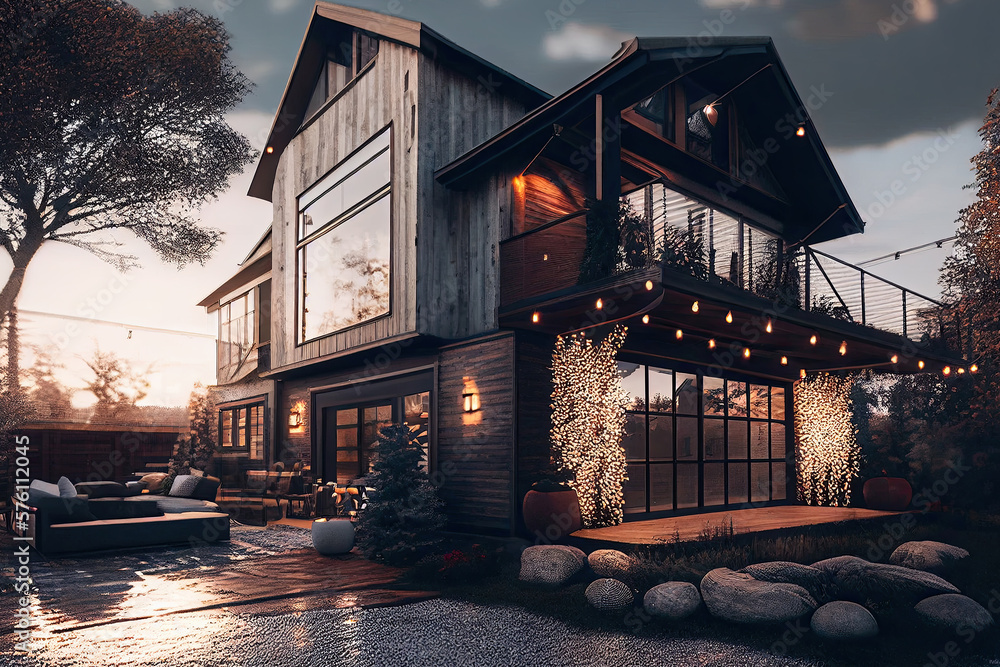 Exterior of modern house with large panoramic widows and terrace ...