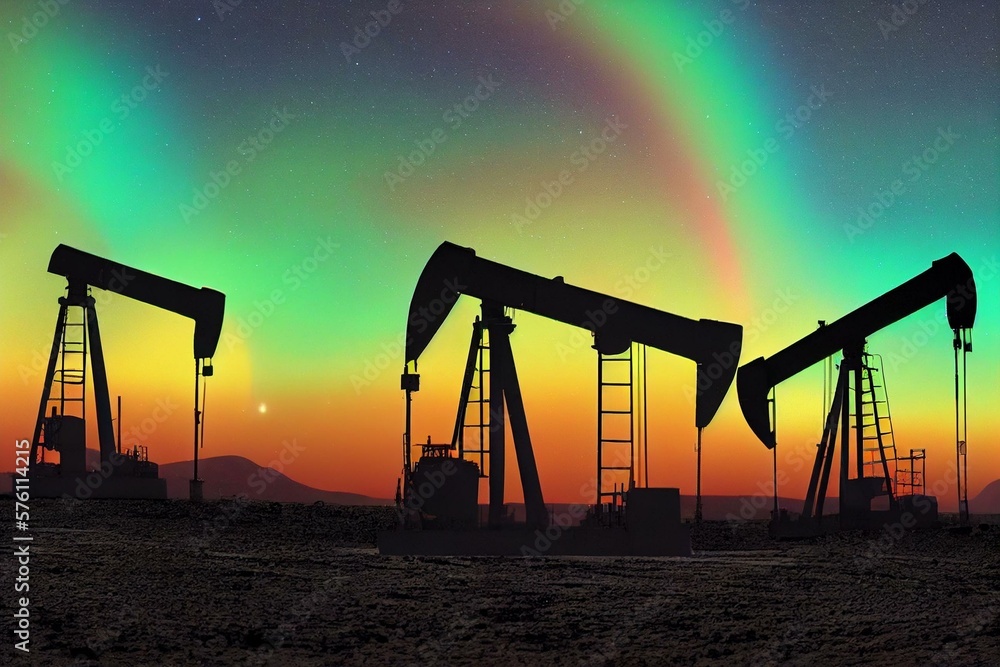 Pump jack at oilfield in aurora borealis. Crude oil Pumpjack on polar ...