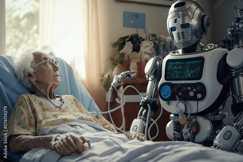 Future Elderly Care. Cyborg Robots monitoring vital signs and ...