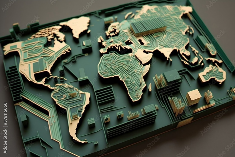 3d topographic world map view with detailed circuit board textures ...