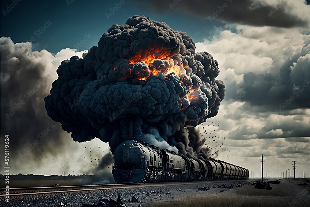 Generative AI train crash explosion with black cloud of toxic fumes and ...