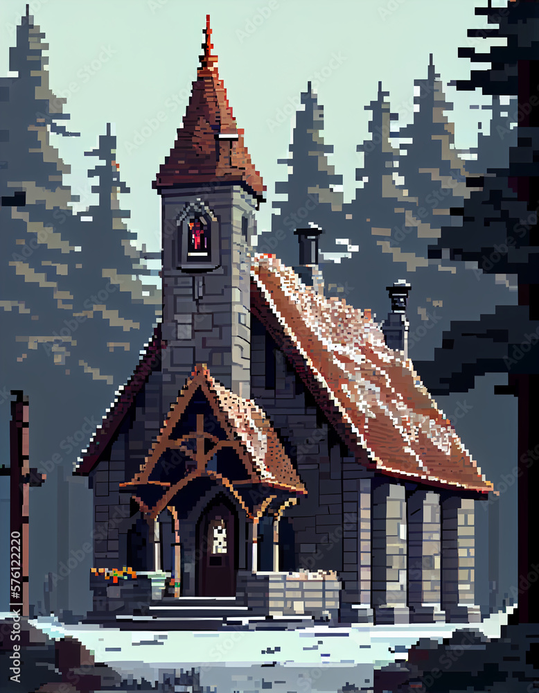 A digital illustration of the big medieval fantasy chapel, pixel art ...