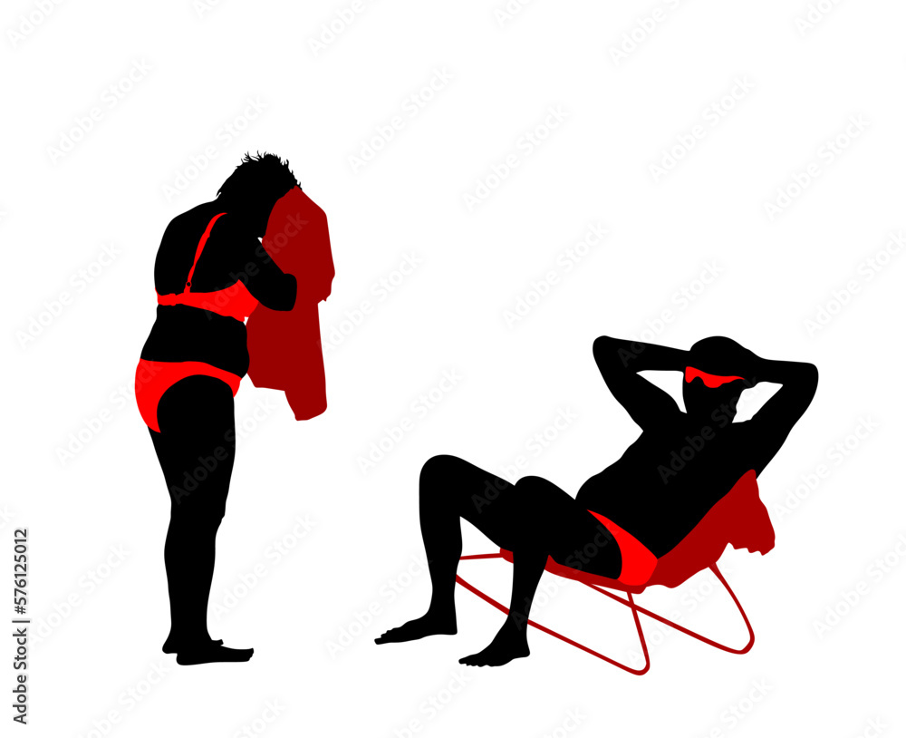 Senior Couple Sunbathing Beach Enjoy Vector Silhouette Illustration Mature Woman Dries With
