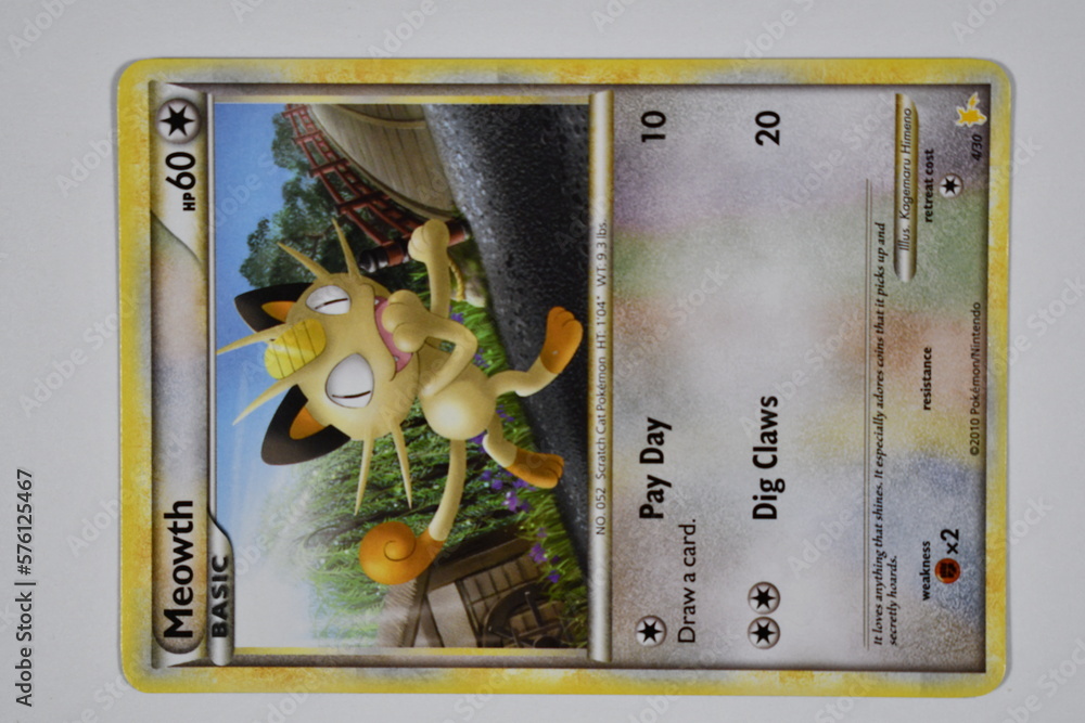 Pokemon trading card, Meowth. Stock Photo | Adobe Stock