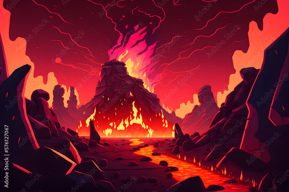 Cartoon fire in the night background, inferno. Made with Generative AI ...