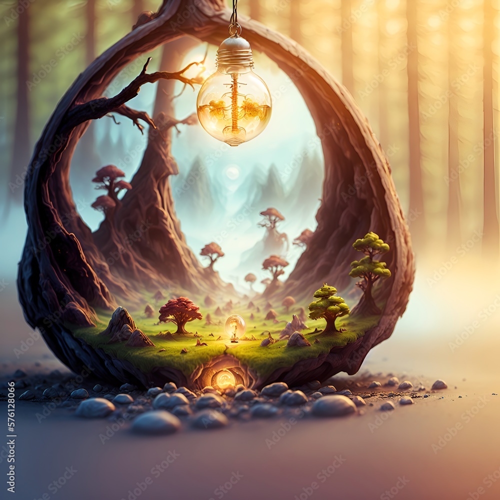 Tiny world lit by a tiny light bulb in a fantasy forest _ generative AI ...
