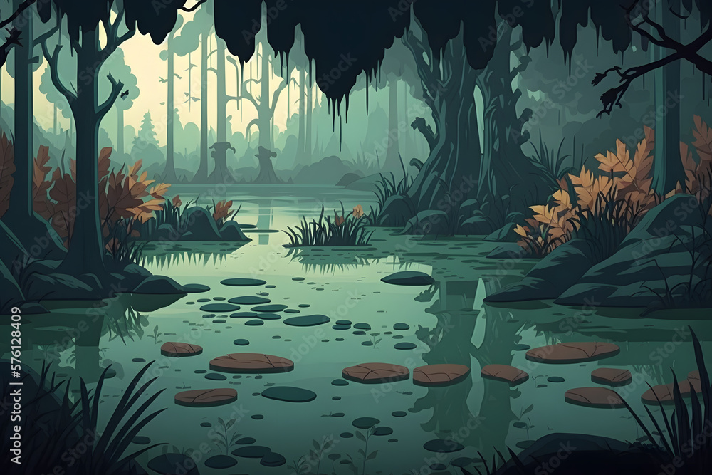 Cartoon swamp background. Made with Generative AI Stock Illustration ...