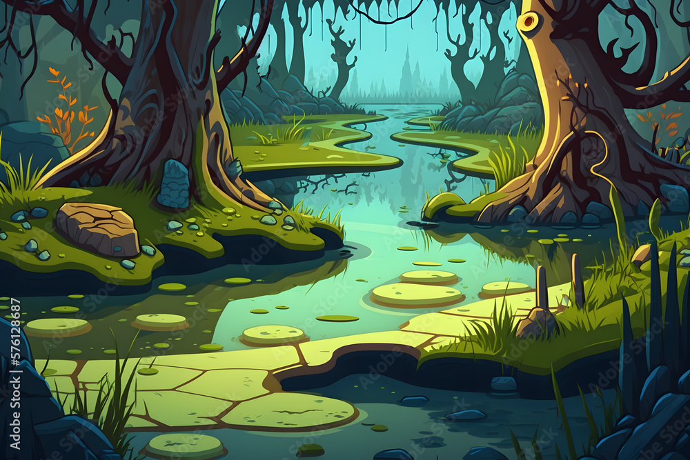 Cartoon swamp background. Made with Generative AI Stock Illustration ...