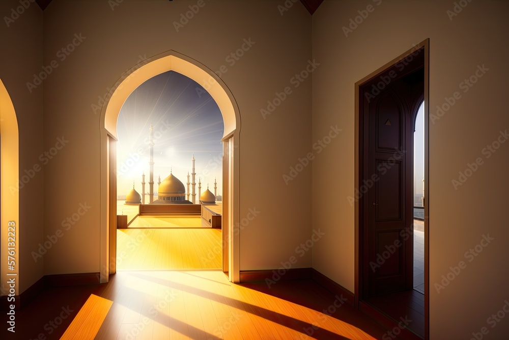 Islamic background painting. Mosque and shadows. Light rays from mosque ...