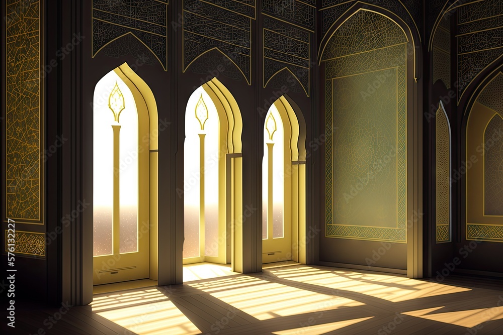 Islamic background painting. Mosque and shadows. Light rays from mosque ...