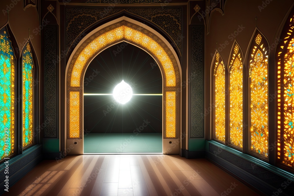 Islamic background painting. Mosque and shadows. Light rays from mosque ...