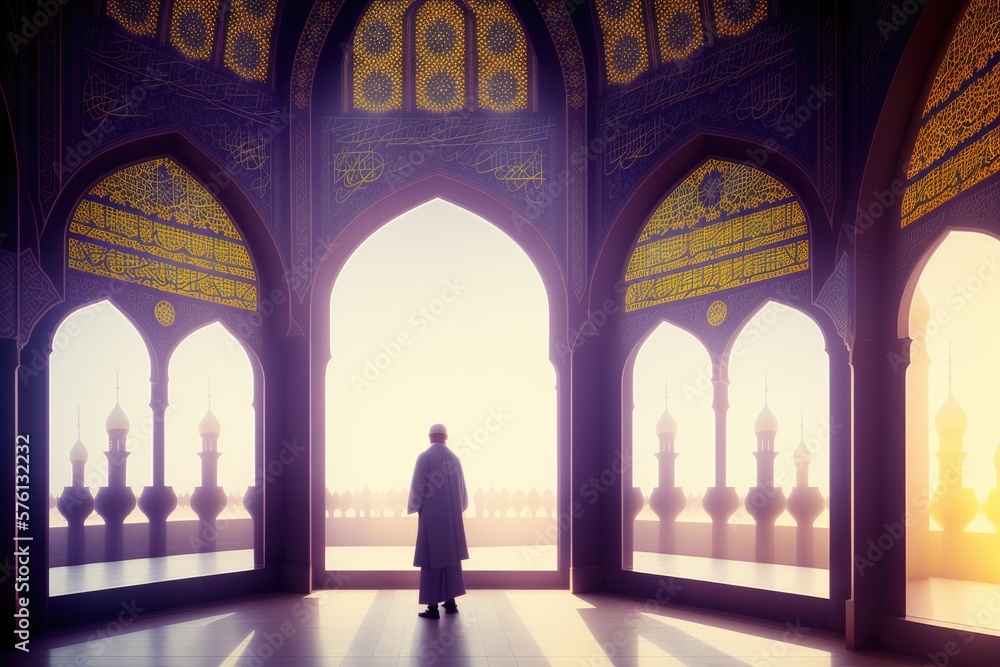 Islamic background painting. Mosque and shadows. Light rays from mosque ...