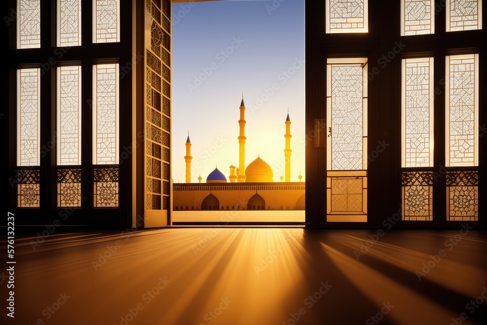 Islamic background painting. Mosque and shadows. Light rays from mosque ...