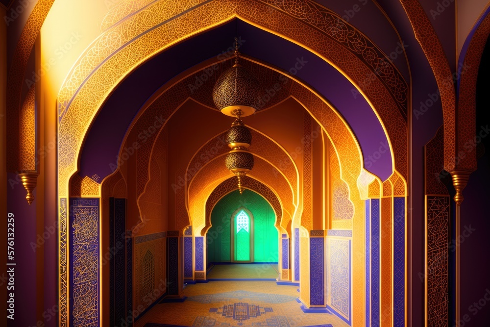 Islamic background painting. Mosque and shadows. Light rays from mosque ...