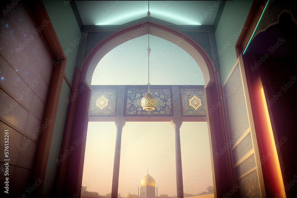 Islamic background painting. Mosque and shadows. Light rays from mosque ...