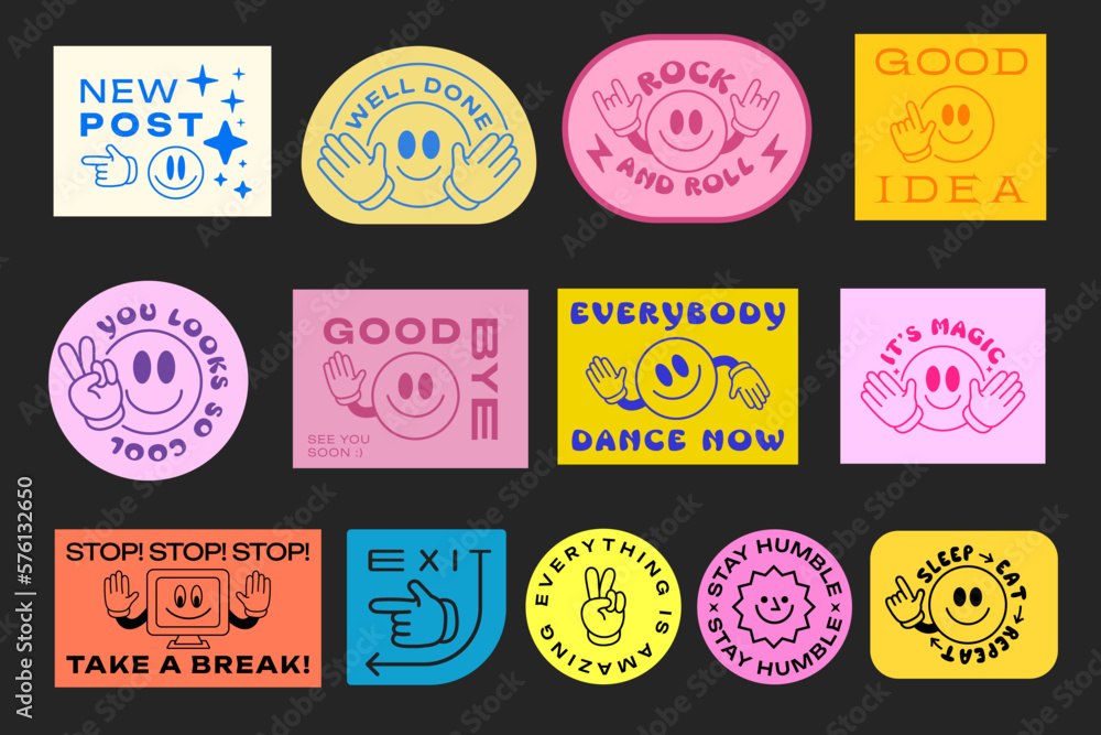 Cool Funky Emoticon Stickers. Set of Groovy Smile Characters. Cartoone ...