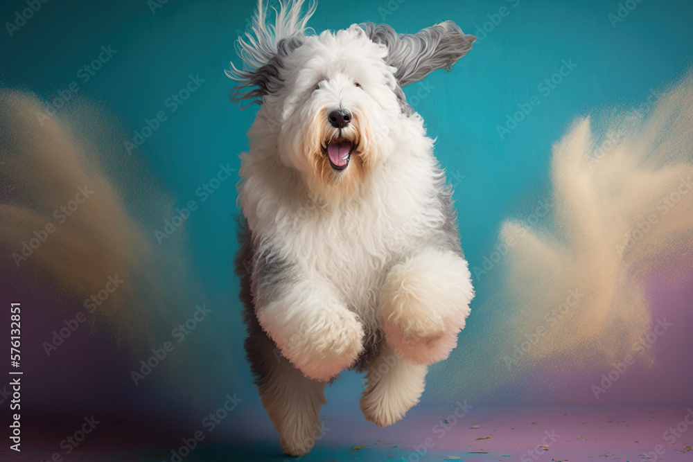 Full length studio portrait of old english sheepdog running to you ...