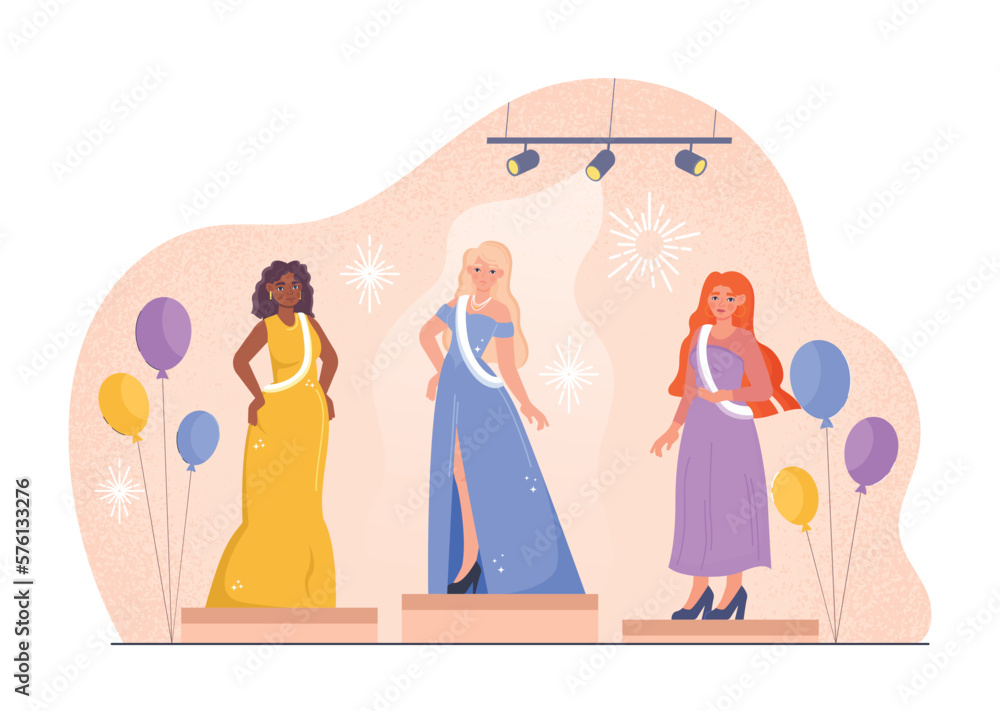 Concept of pageant. Beautiful young girls in dresses stand on stage ...