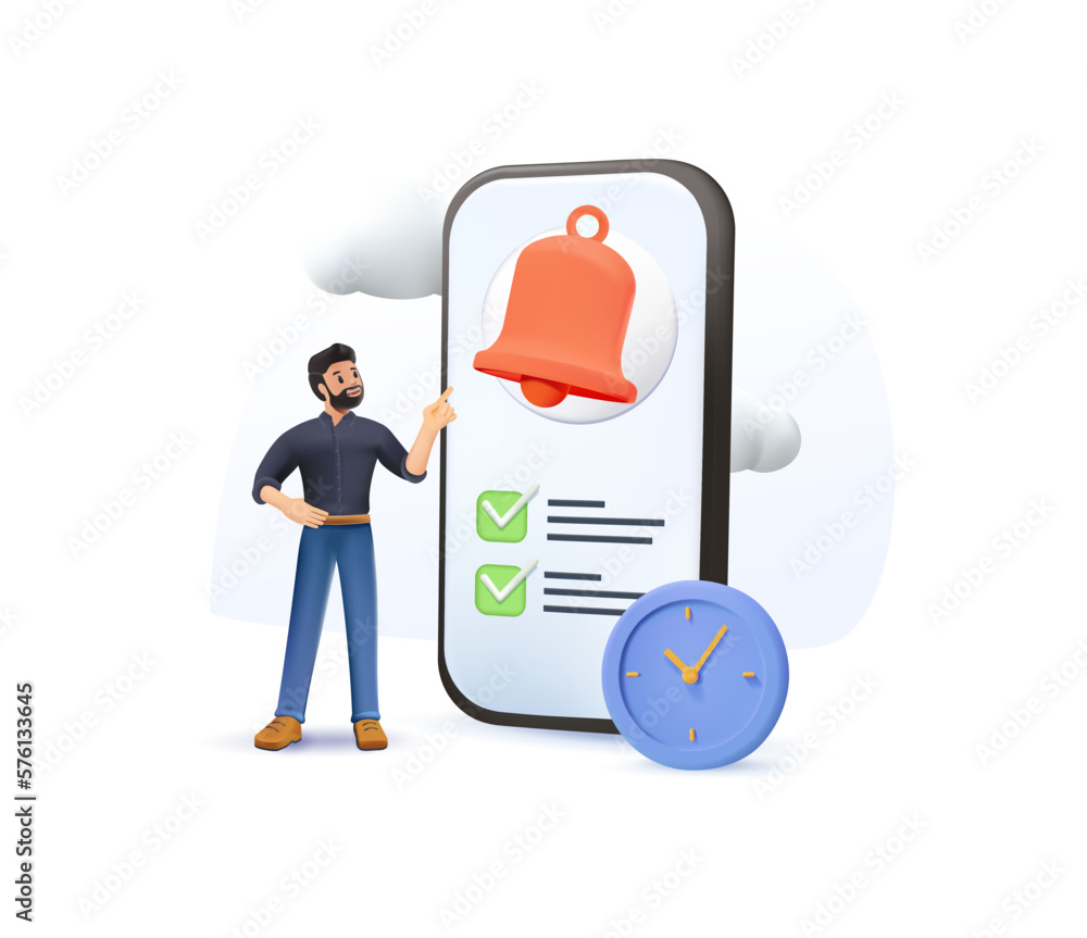 Time management 3D illustration set. Character using time tracker ...