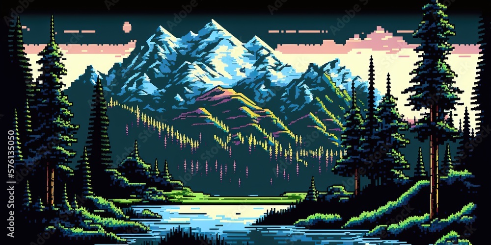 8 bit beautiful mountain landscape, concept of Pixelated and Retro ...