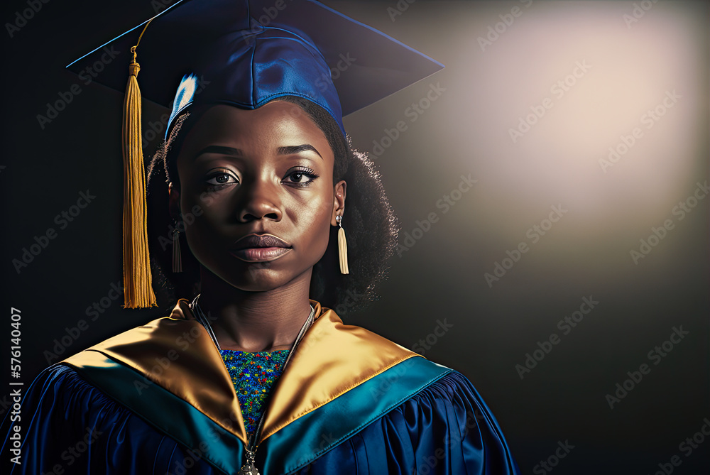 African American woman graduate with blue and gold cap and gown. Generative AI Stock ...