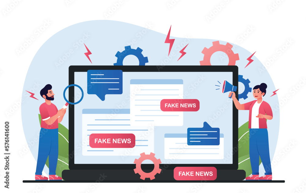 Fake news concept. Man with loupe and woman with loudspeaker on ...