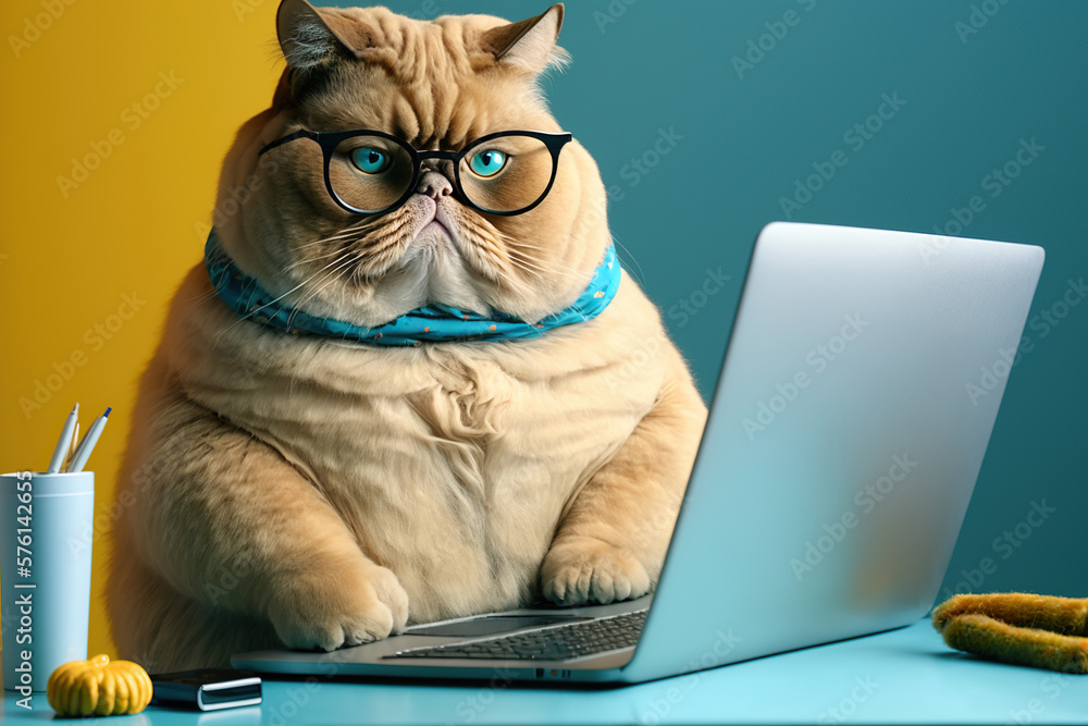 Full length studio portrait of very fat smart cat working with a laptop ...