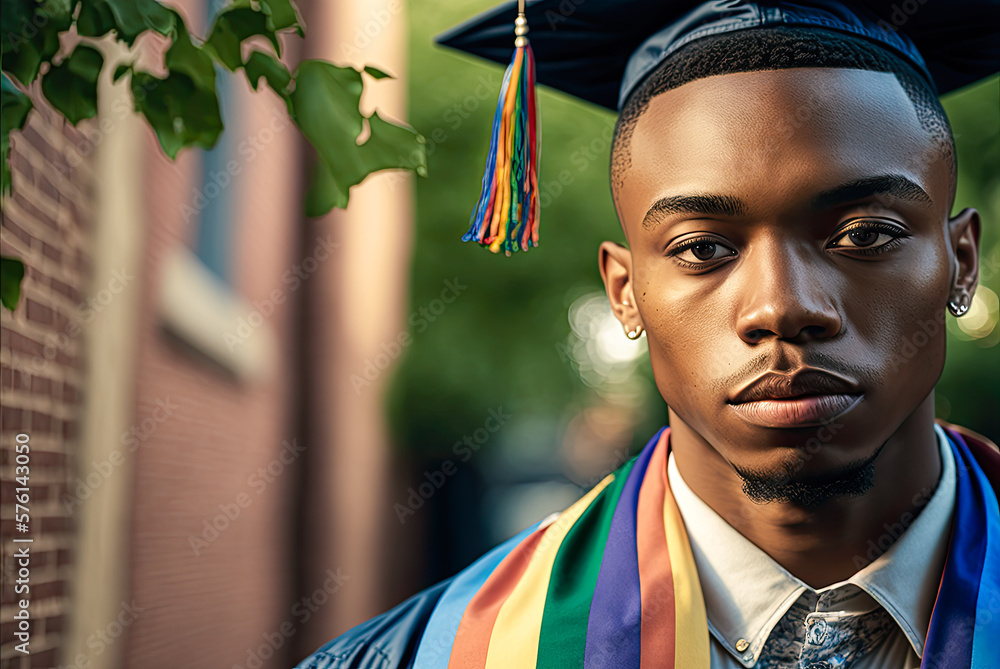 African American graduate wearing gay pride cap and gown. Generative AI ...