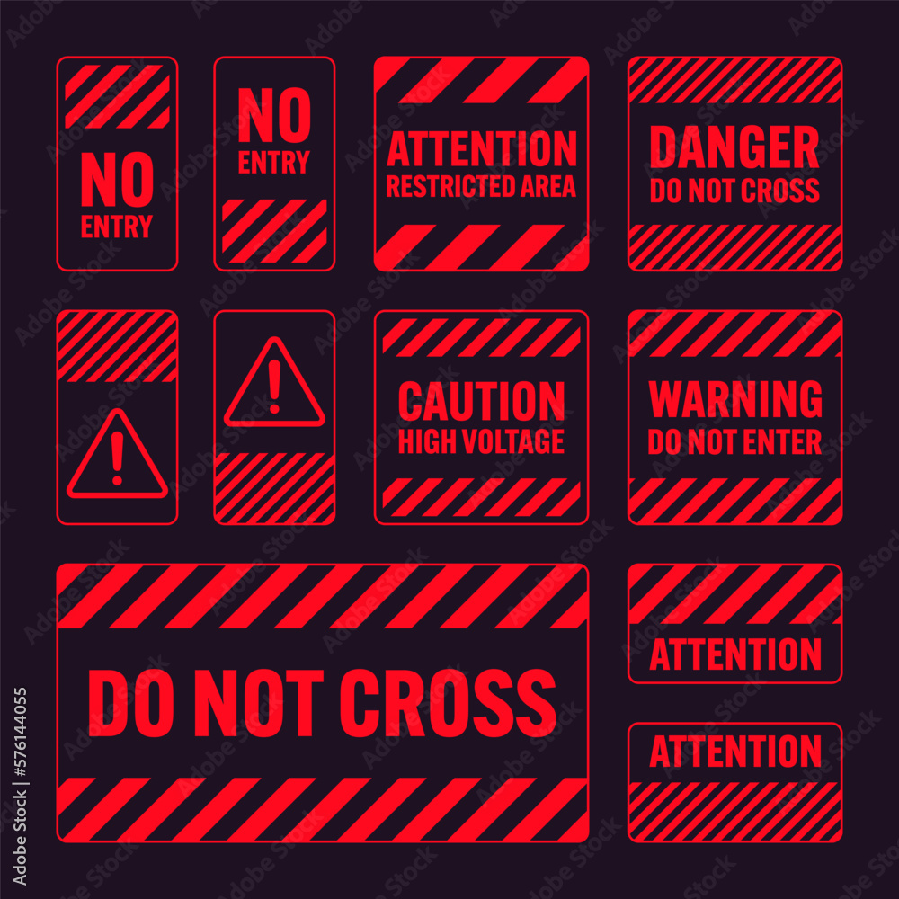 Various red warning signs with diagonal lines. Attention, danger or ...