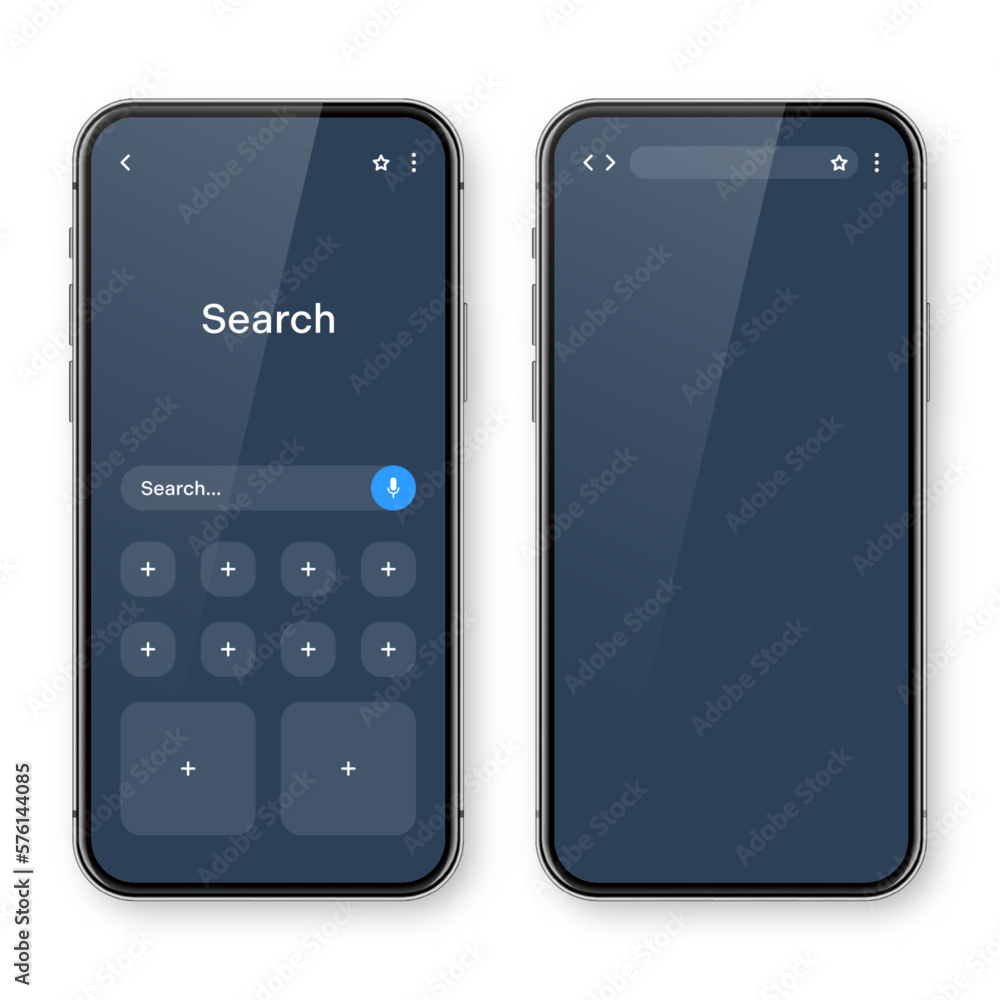 Smartphone with blank internet browser window and search bar, dark mode ...