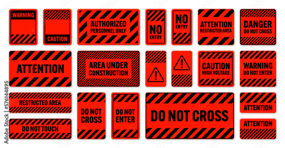 Various black and red warning signs with diagonal lines. Attention ...