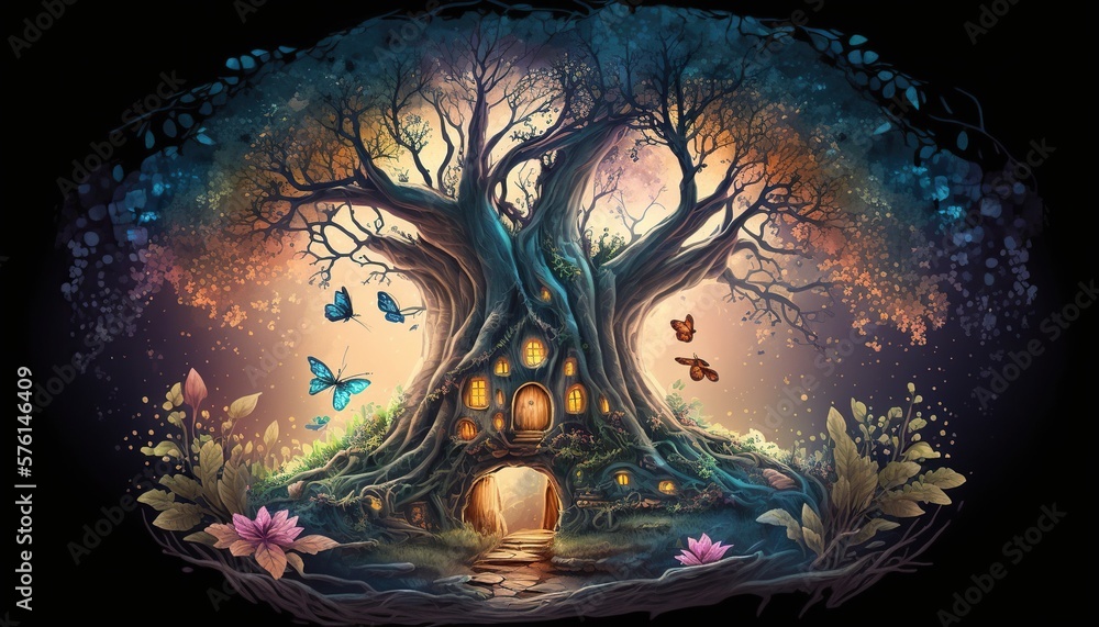 Magical tree house in an enchanted mystical forest with small houses built into trunk and root ...