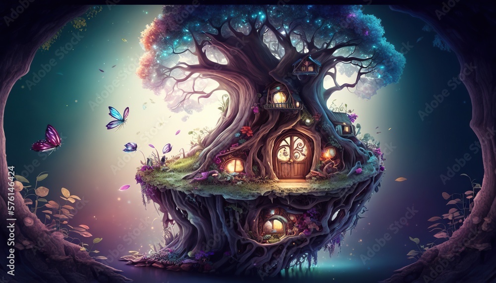 Magical tree house in an enchanted mystical forest with small houses ...