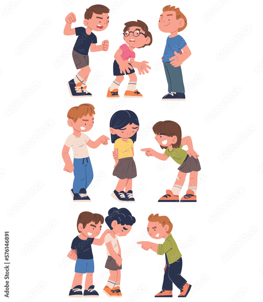 Sad kids being bullied by schoolmates set. Children laughing and ...