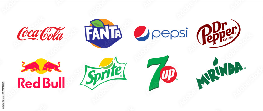 Carbonated soft drink logo set. Coca Cola, Pepsi, Dr Pepper, Red Bull, Fanta, Sprite drinks ...
