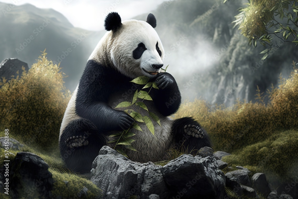 The giant panda, Ailuropoda melanoleuca, sitting upright on a rock in ...