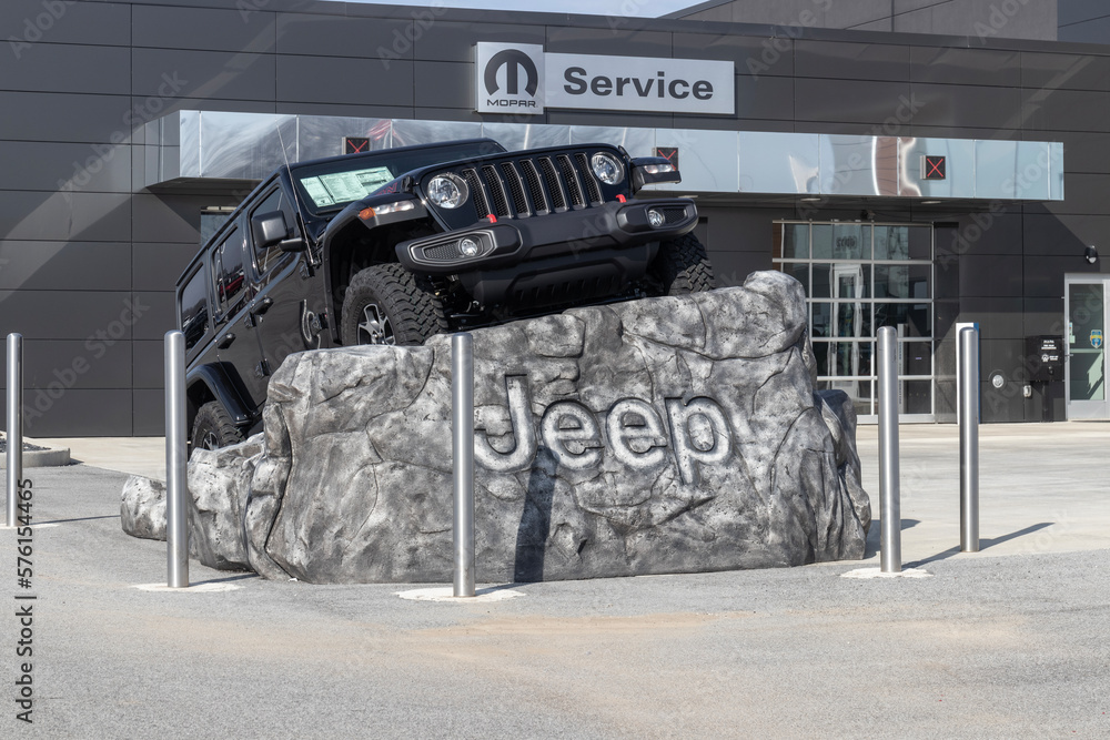 Jeep Wrangler display at a Stellantis dealership. Jeep offers the ...