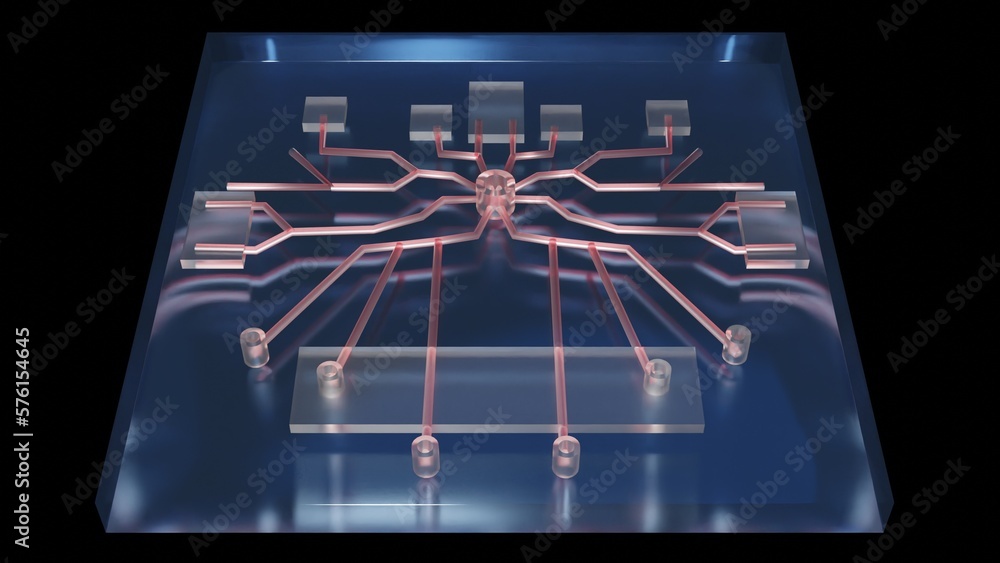 Microfluidic device chip for liquids, gases and nanoparticles. Network ...