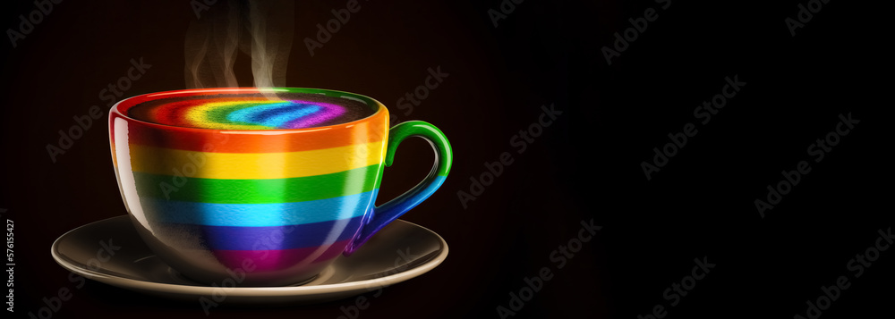 Rainbow cup of coffee with a cheerful rainbow flag on black background ...