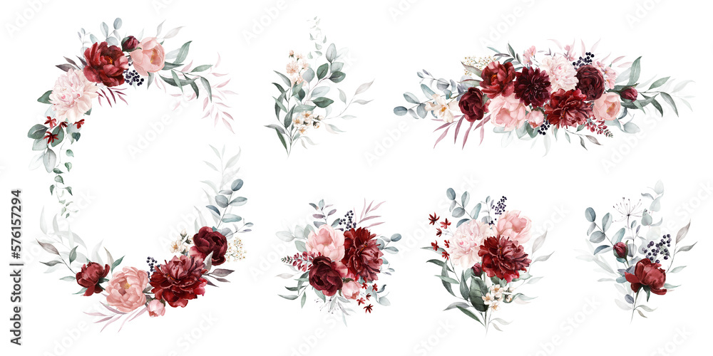 Watercolor floral wreath border bouquet frame collection set green ...