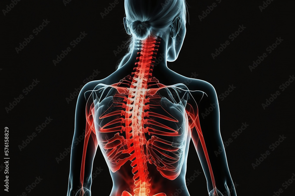 Women with back pain, sports injury and fitness, spine x-ray and ...