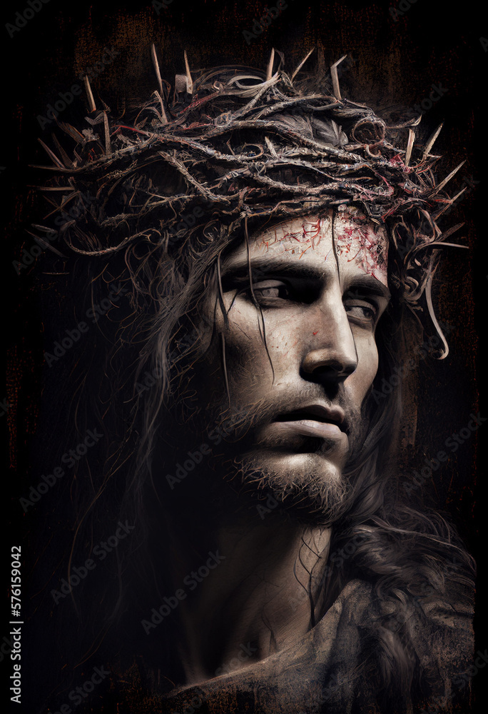 Jesus Christ wearing a crown of thorns in oil painting style ...