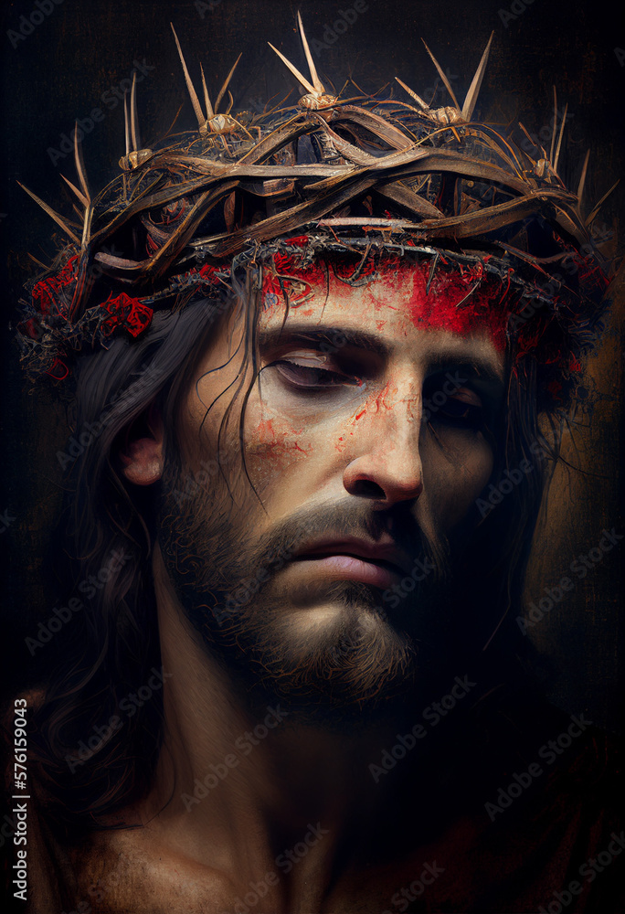 Jesus Christ wearing a crown of thorns in oil painting style ...