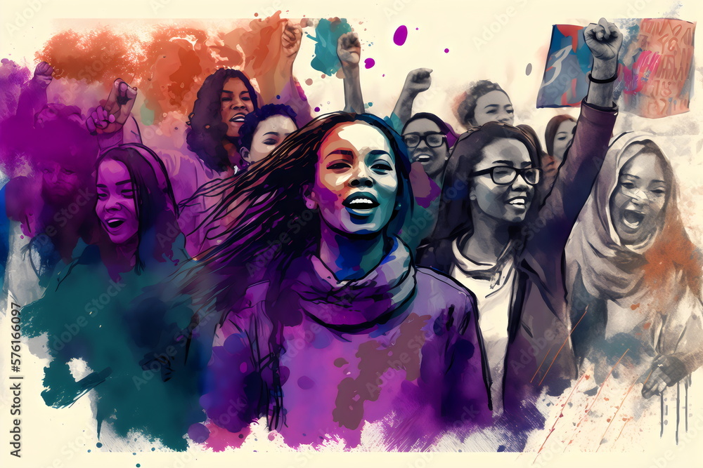 grunge painting of diverse women with raised fists protesting, made ...