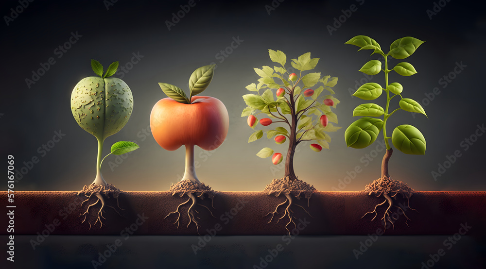 The life cycle of apple tree. Stages of growth from seed and sprout to ...