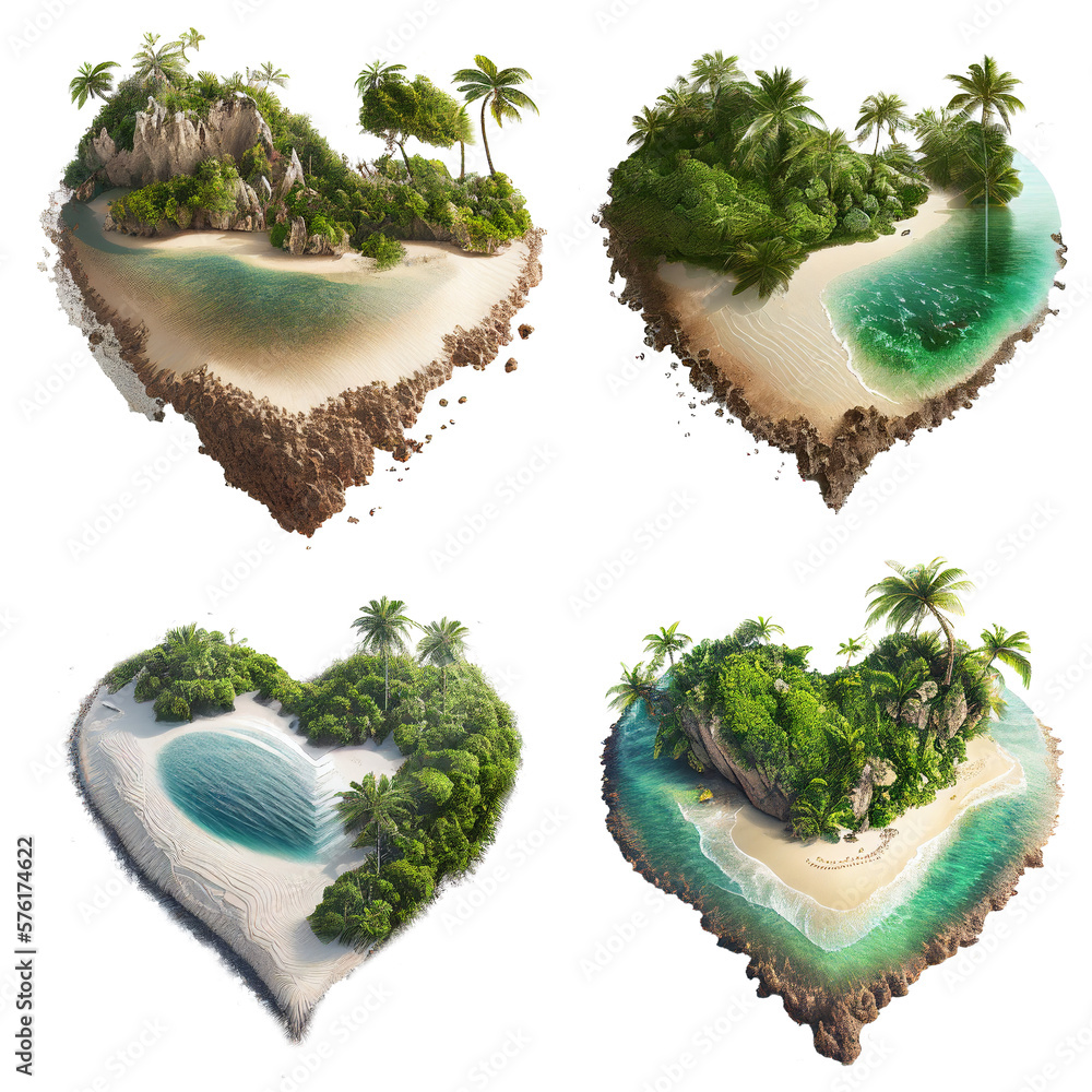 Set of Paradise Island in the form of heart, Sea beach island in heart ...