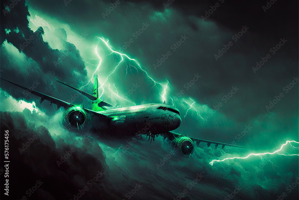 plane crash flying through a storm with lightning, concept art with ...